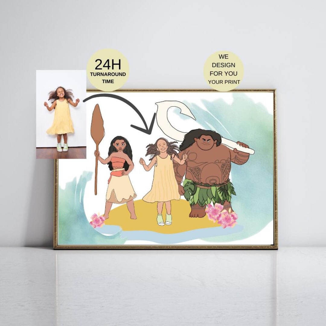 Custom Moana Wall Art Illustration, Personalized Moana and Kids Drawing ...