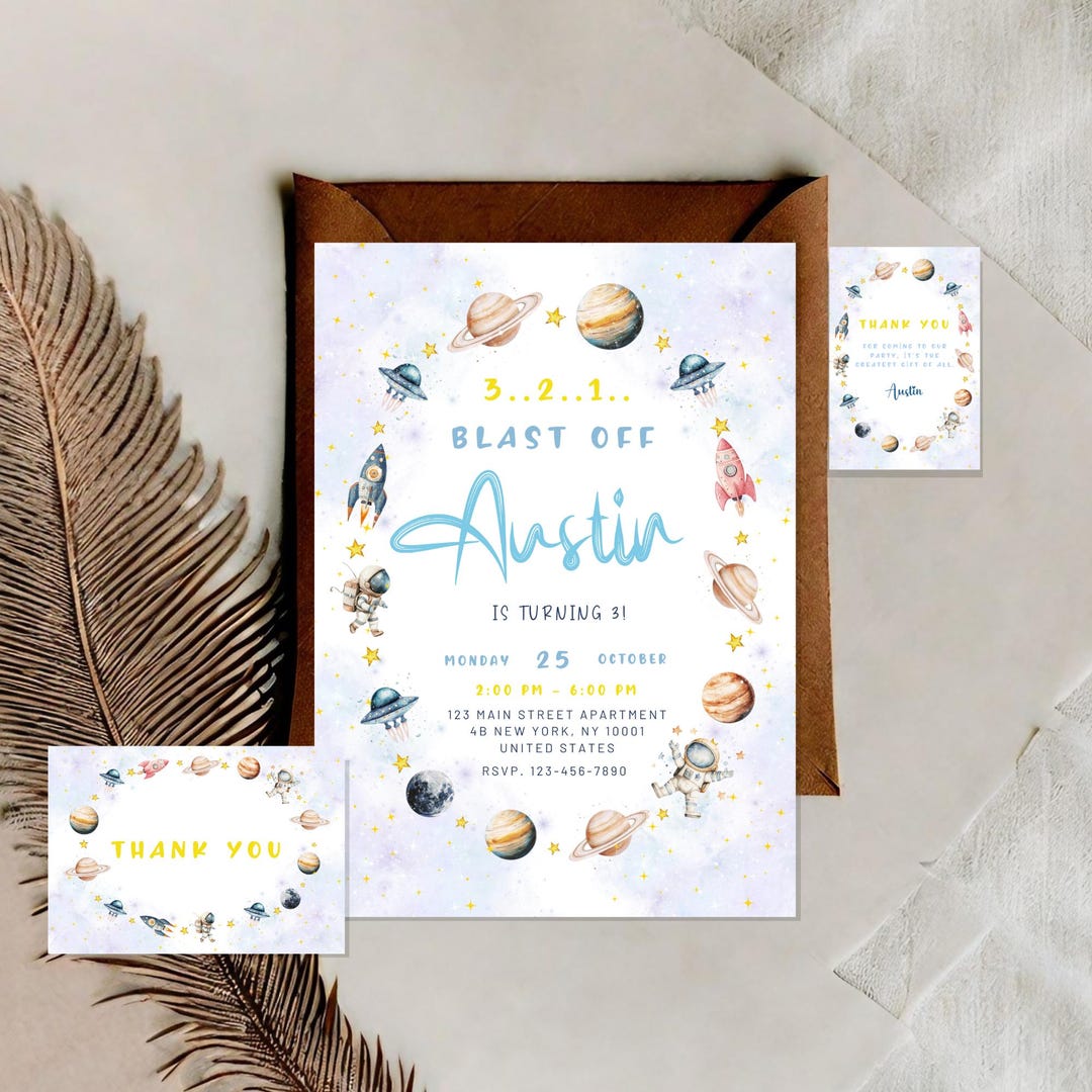 Outer Space Boy Birthday Invitation Template, Planets Rocket Ship ...