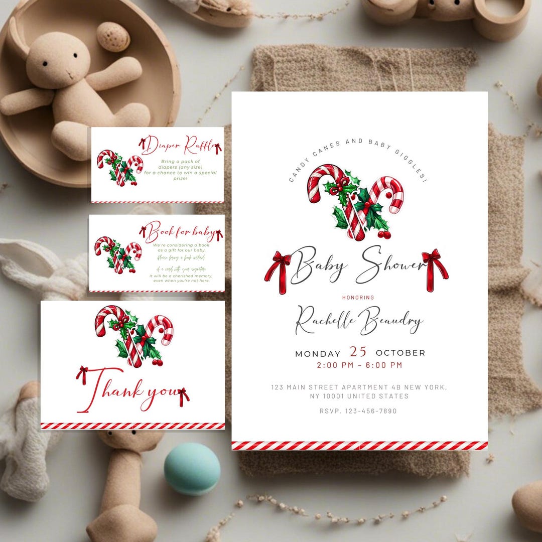 Candy Cane Baby Shower Invitation Template, Editable Red Bow Christmas ...
