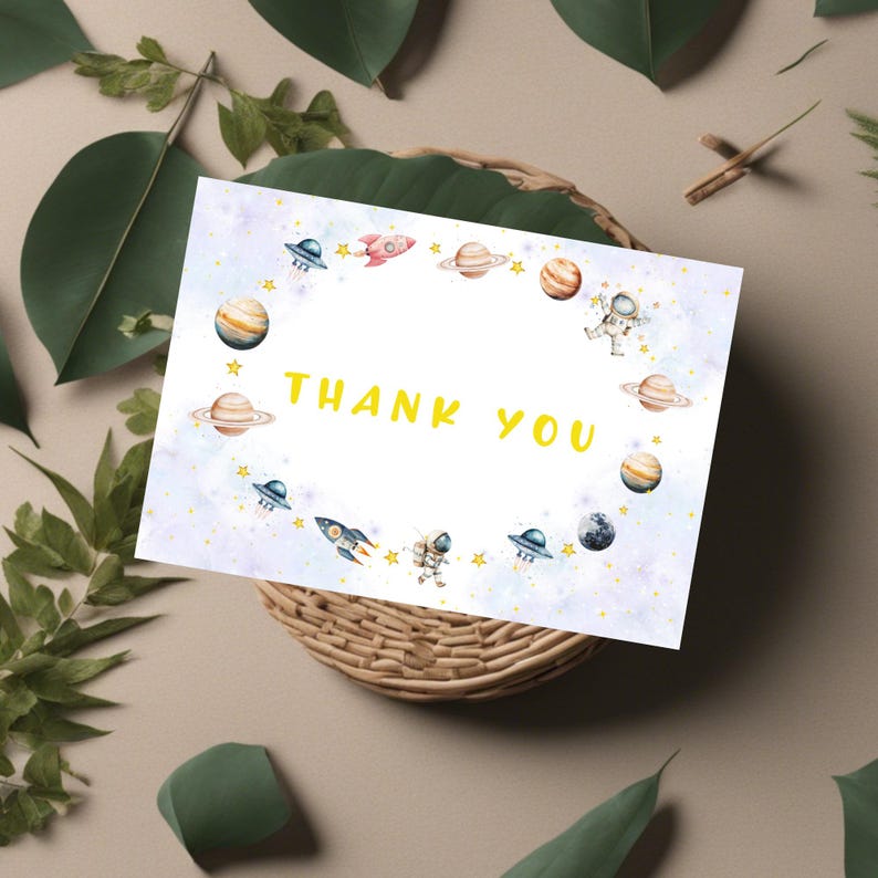 Outer Space Thank You Card Template, Planets Rocket Ship Birthday Thank ...