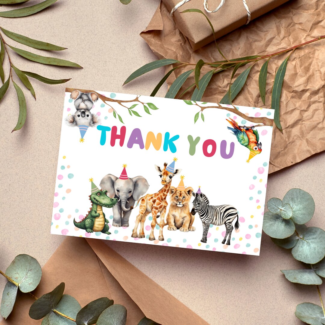 Editable Animals Thank You Card Template, Animals Party 1st Birthday ...