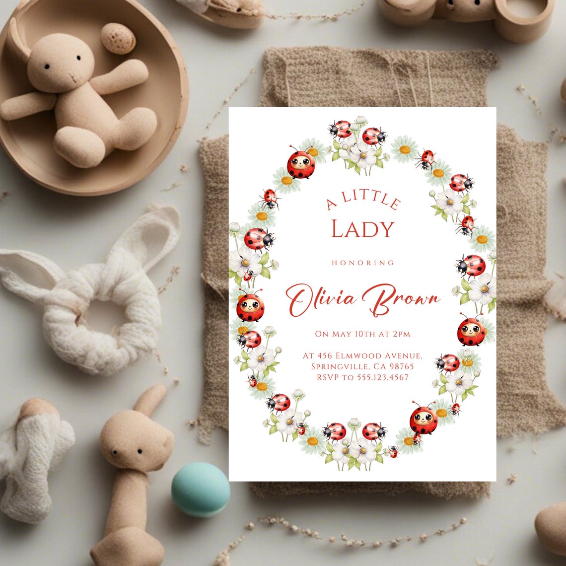 Ladybug Baby Shower Invitation Template, Minimalist Little Lady Baby ...
