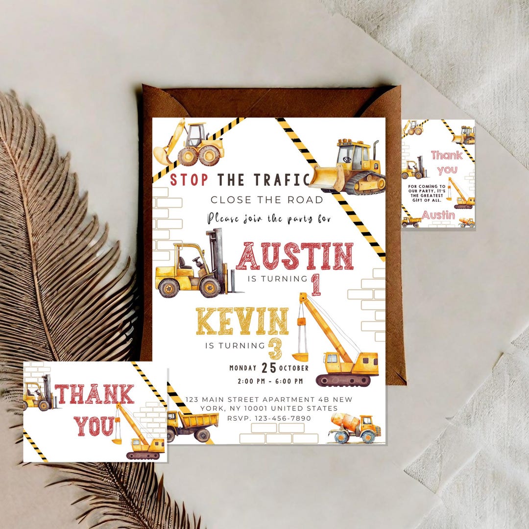 Sibling Construction Birthday Invitation, Editable Construction Invite ...