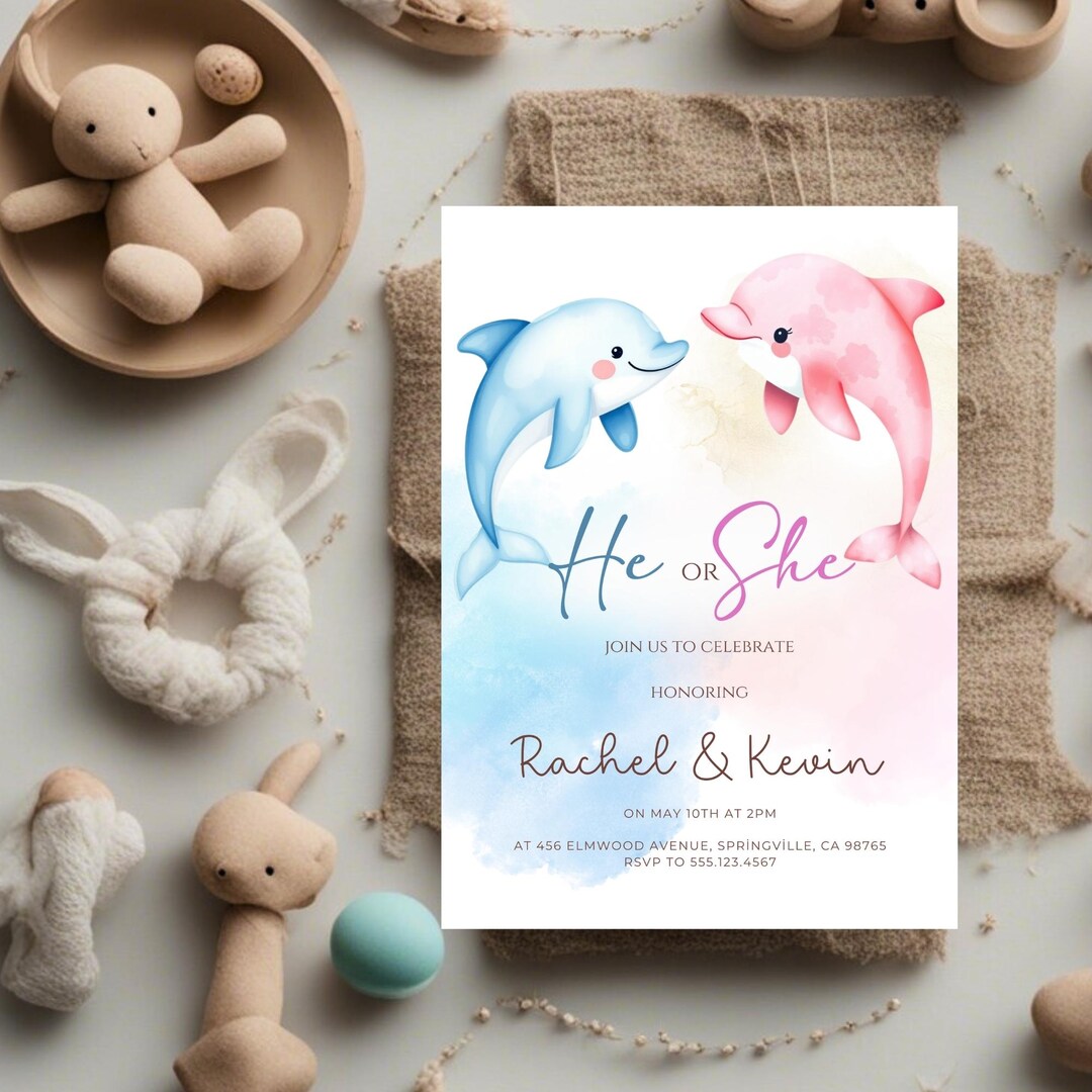 Dolphin Gender Reveal Invitation, Printable Boy or Girl Baby Dolphin ...