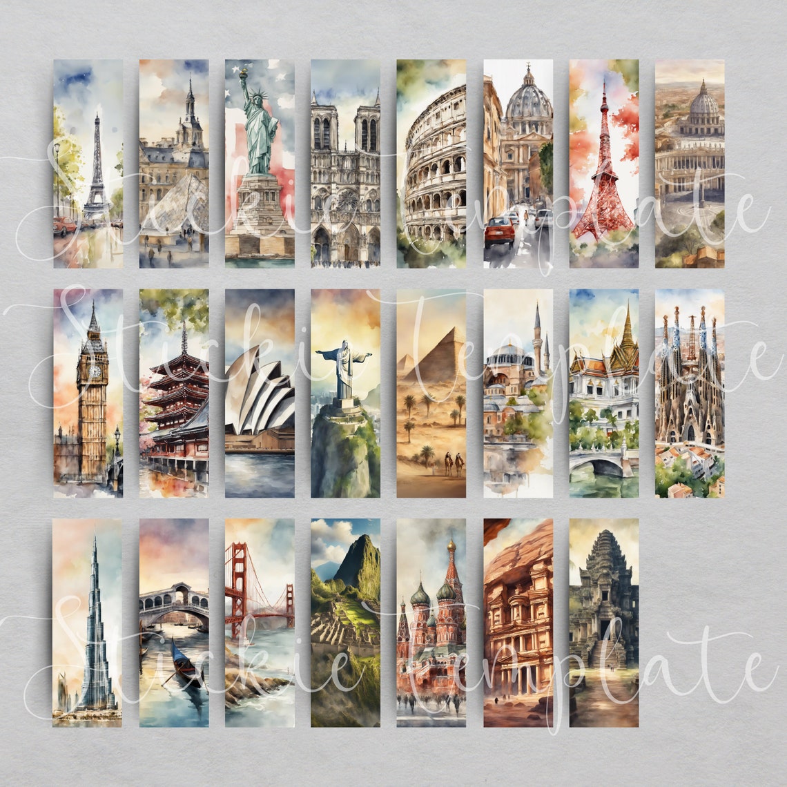 World Travel Bookmark Printable, Watercolor Famous Landmark Bookmark ...