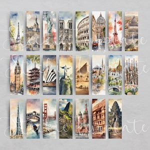 World Travel Bookmark Printable, Watercolor Famous Landmark Bookmark ...
