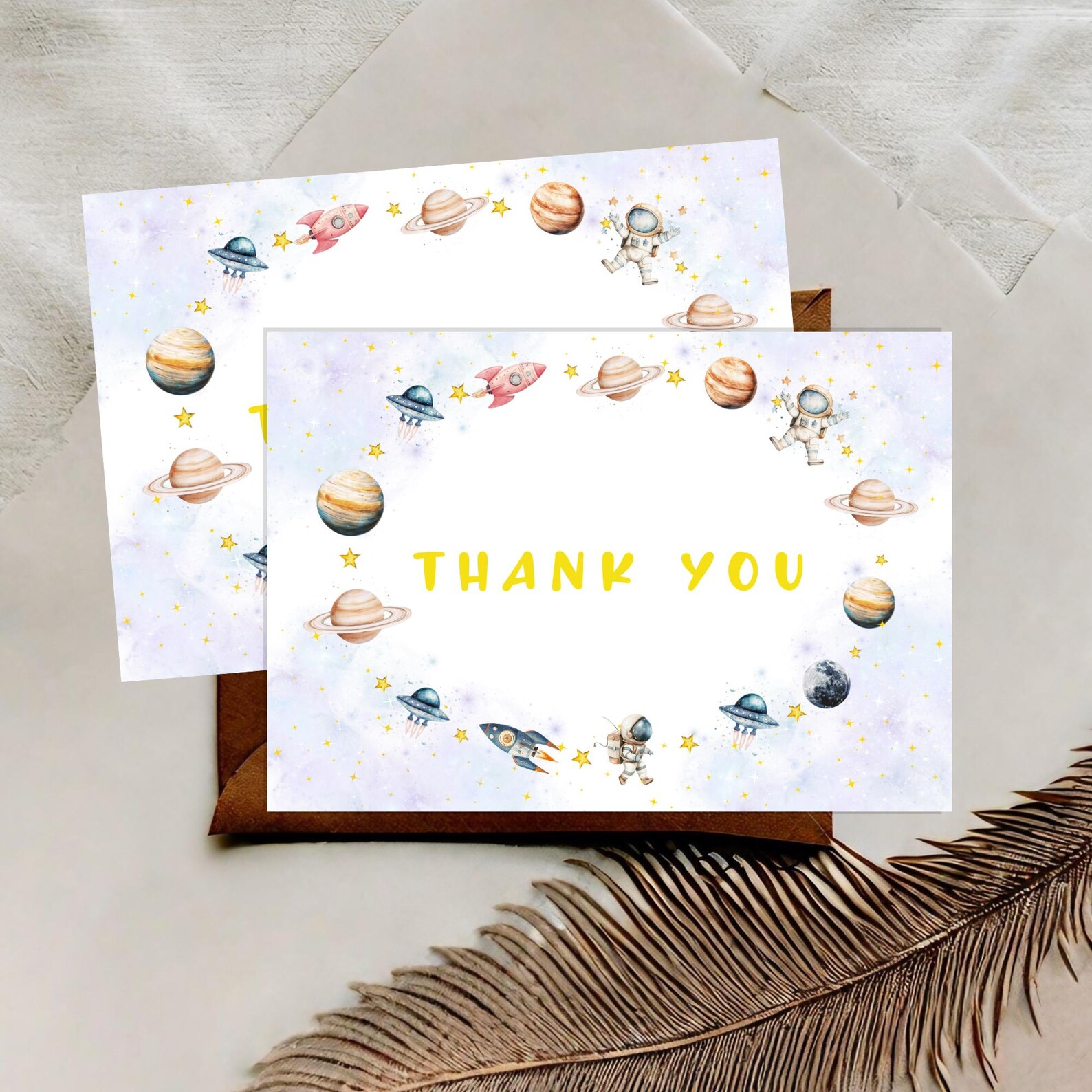 Outer Space Thank You Card Template, Planets Rocket Ship Birthday Thank ...