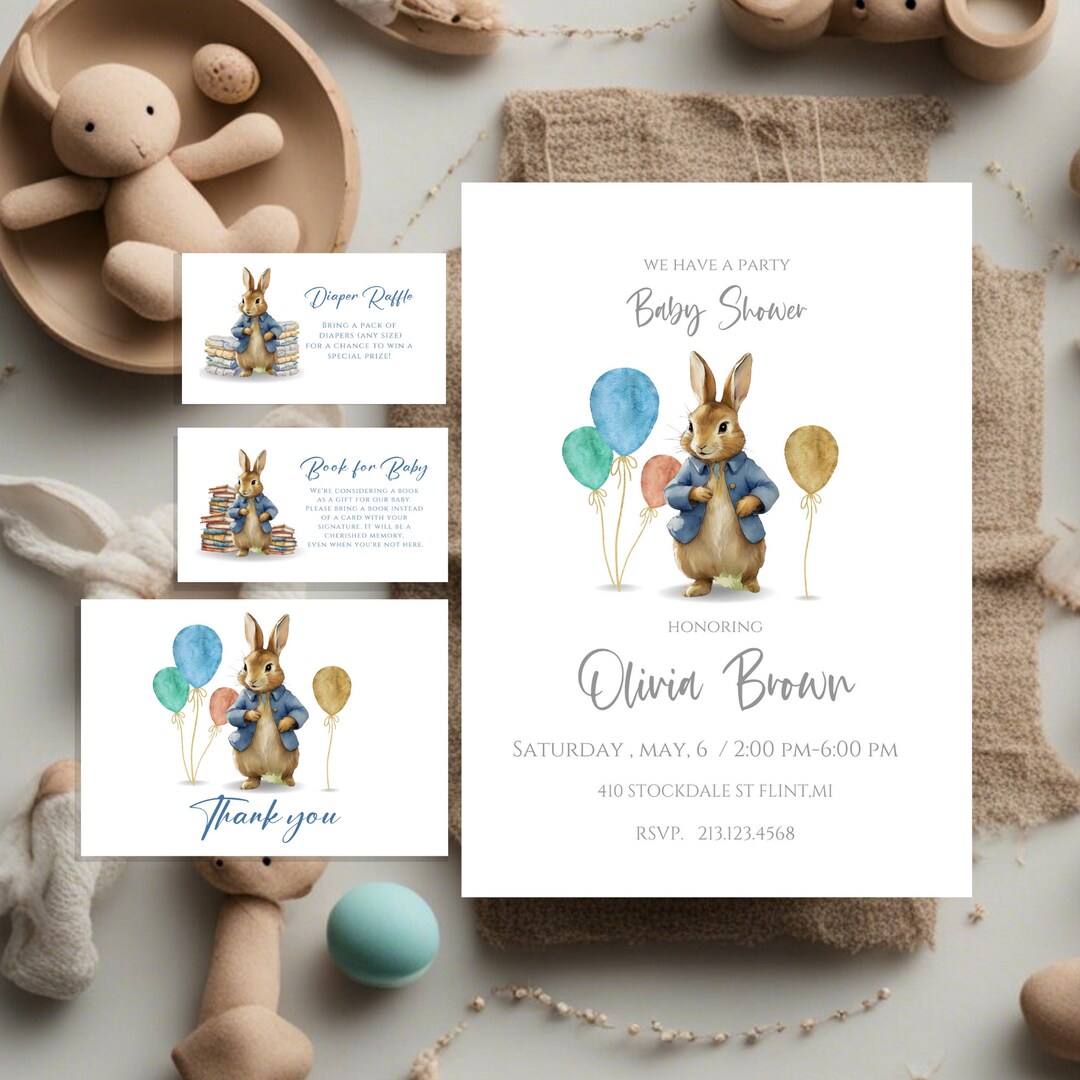 Peter Rabbit Baby Shower Invitation Template, Minimalist Peter Rabbit ...