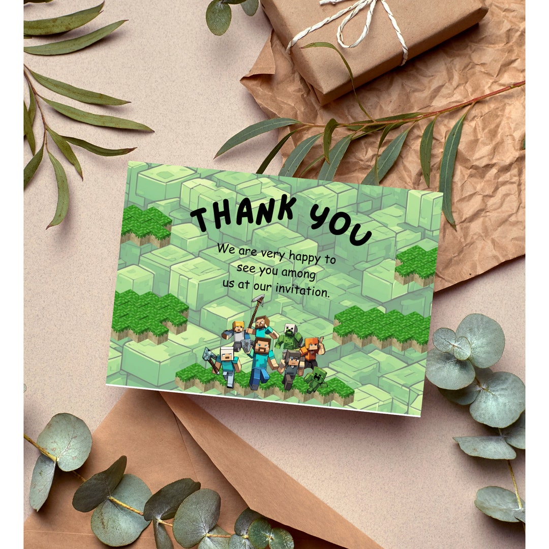 Minecarft Birthday Thank You Card, Minecarft Minimal Thank You Card ...