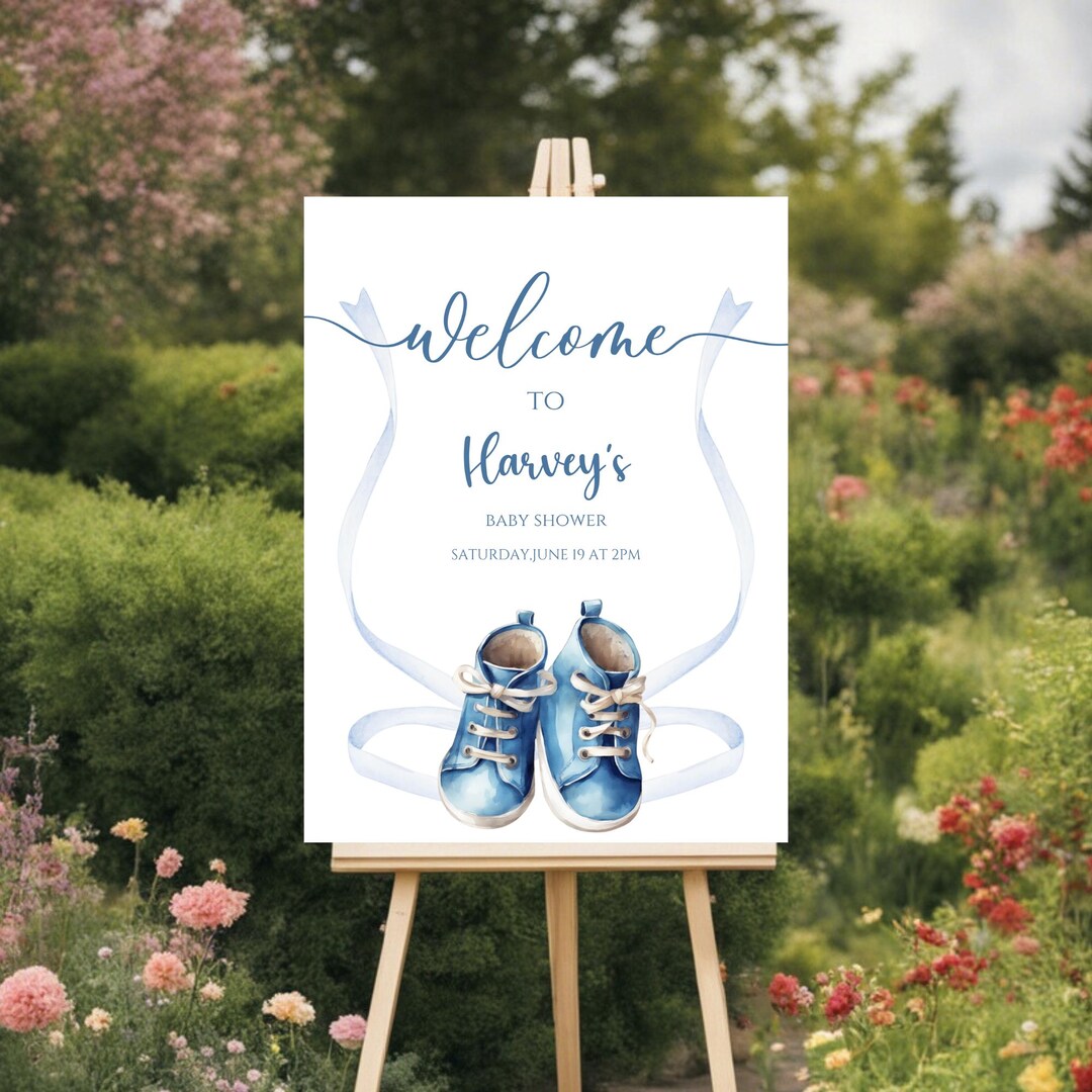 Blue Booties Baby Shower Welcome Sign, Watercolor Blue Baby Shoes Boy ...