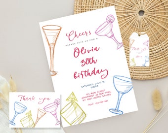 Editable Birthday Party Invitation, Hand Drawn Scribble Cocktail ...