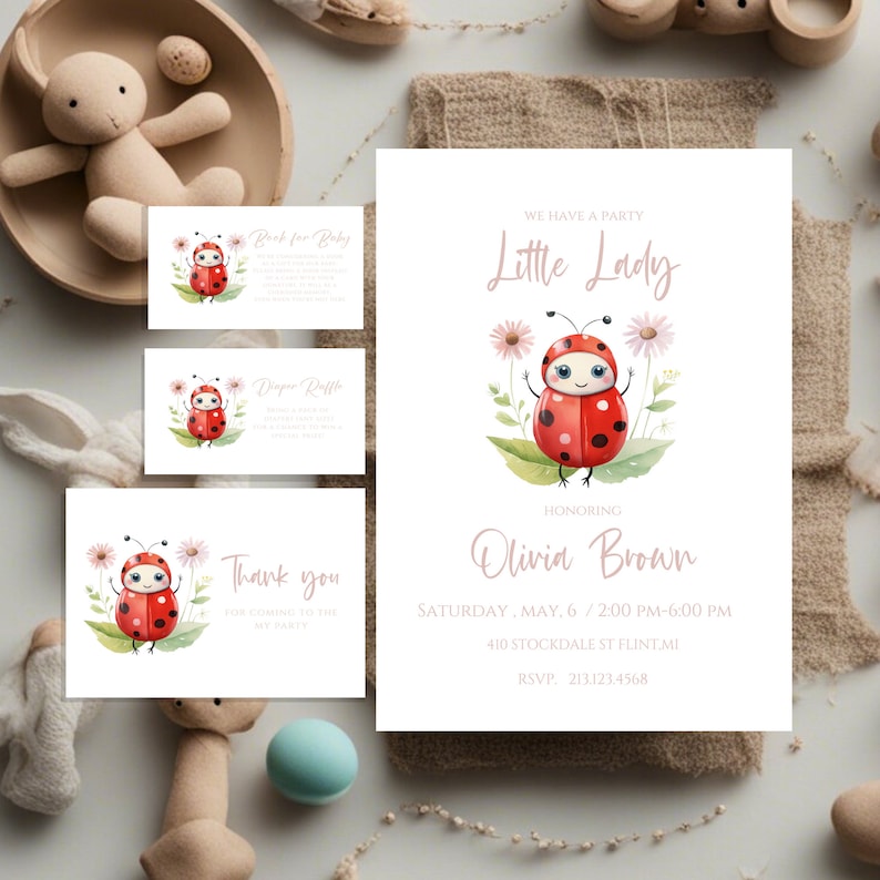 Ladybug Baby Shower Invitation Template, Minimalist Little Lady Baby ...