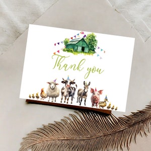 Green Farm Animals Thank You Card, Editable Farm Animals Party Gift ...