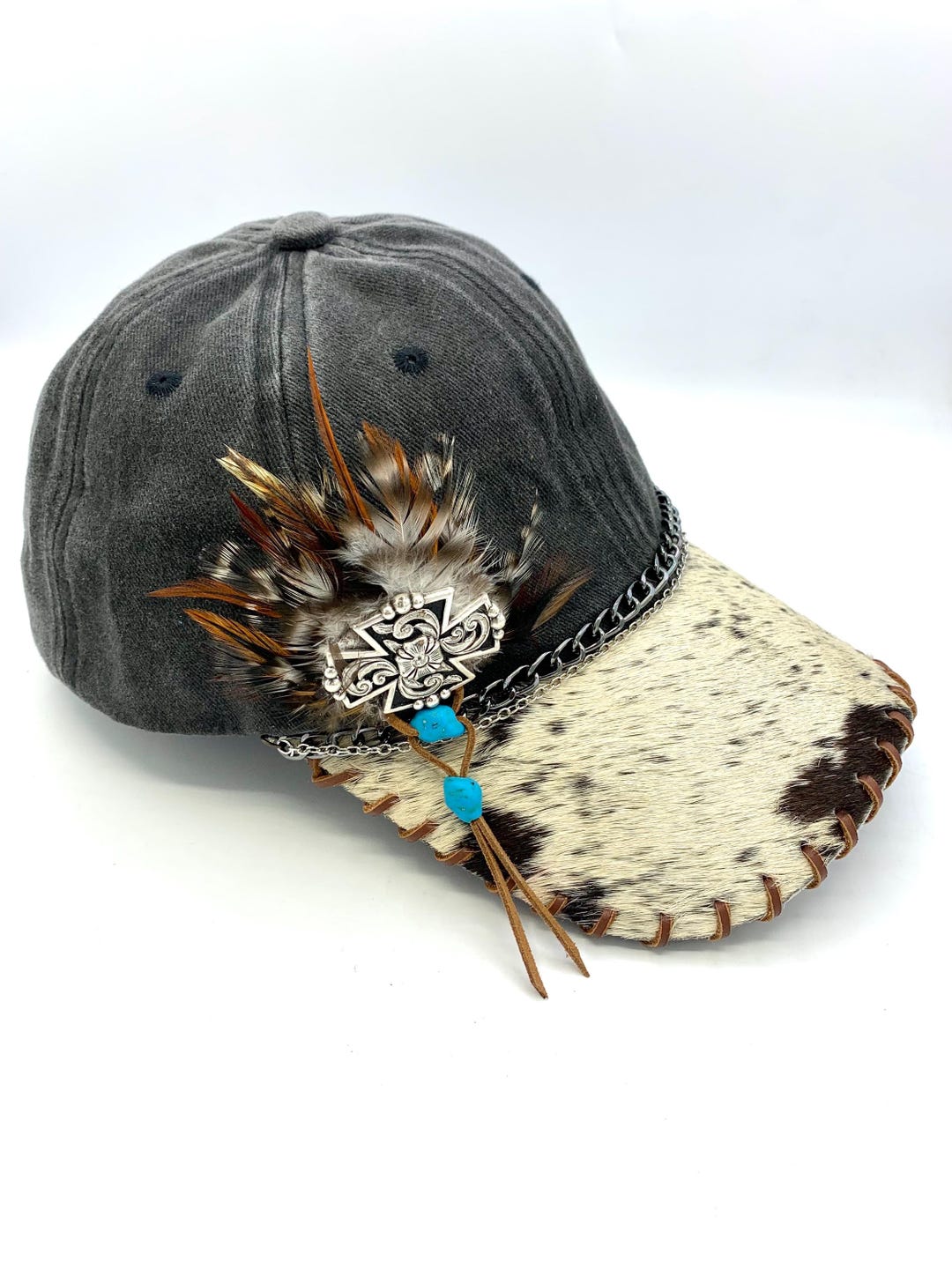 Womans Western Ball Cap With Western Motif, Western Cowhide Brim Hat ...