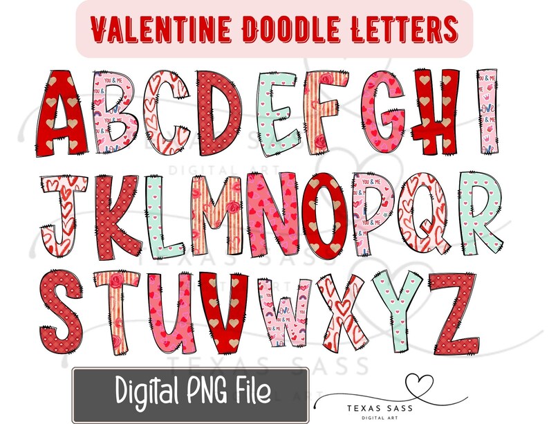 Valentine Doodle Letters PNG, Digital Download, Sublimation, Instant ...