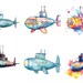Watercolor Submarine Clipart, Png Bundle, Nautical Clip Art, Underwater ...
