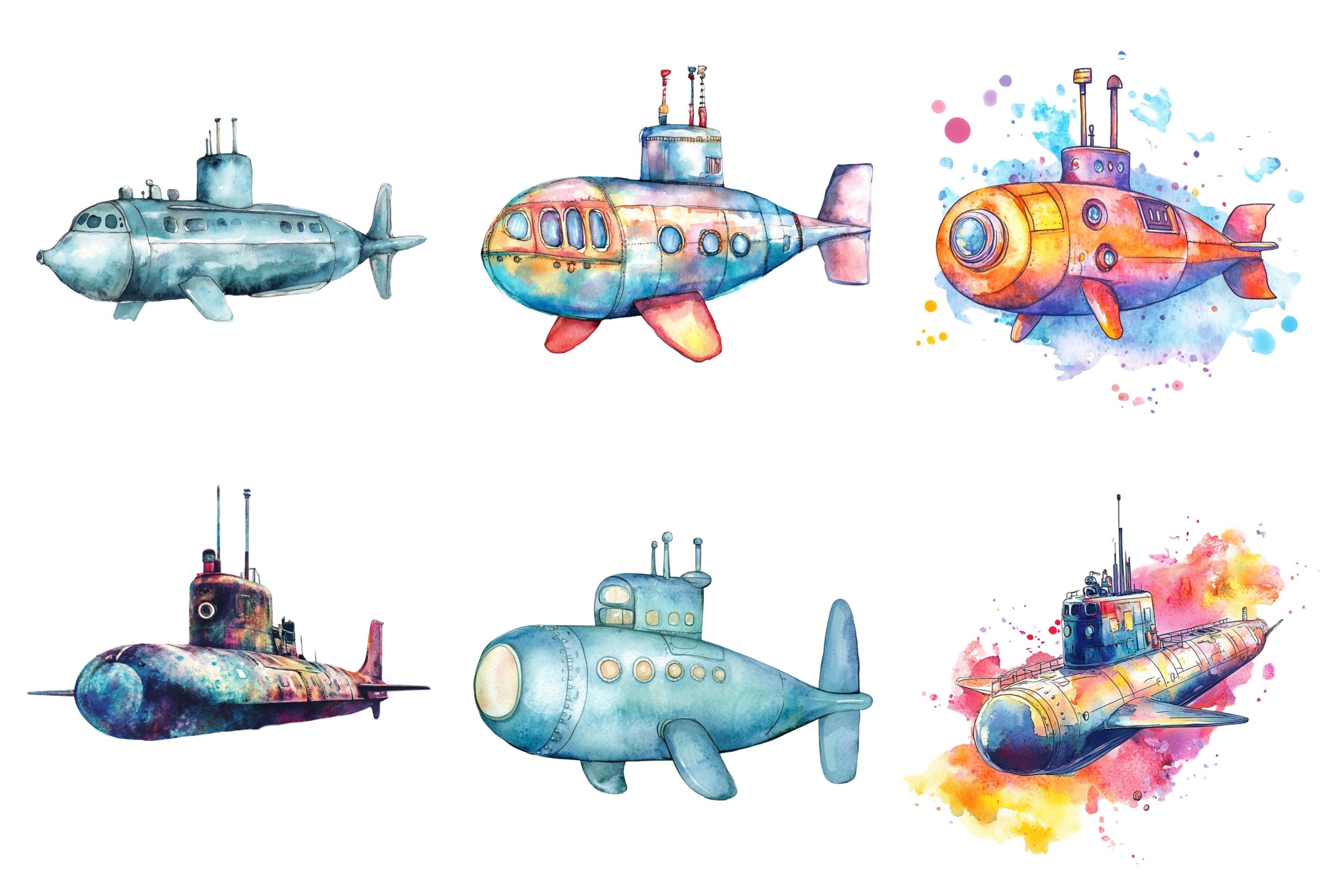 Watercolor Submarine Clipart, Png Bundle, Nautical Clip Art, Underwater ...