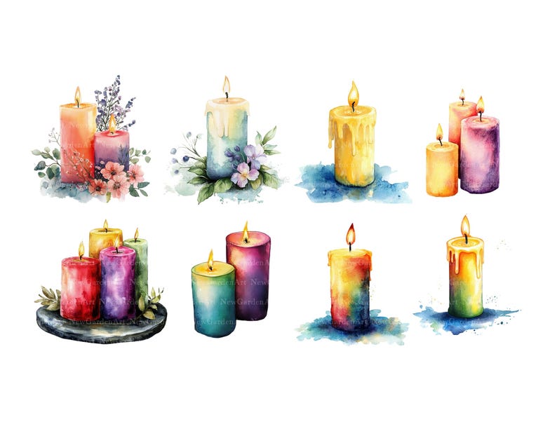 Watercolor Candle Clipart Bundle, Floral Candle Png Illustration ...