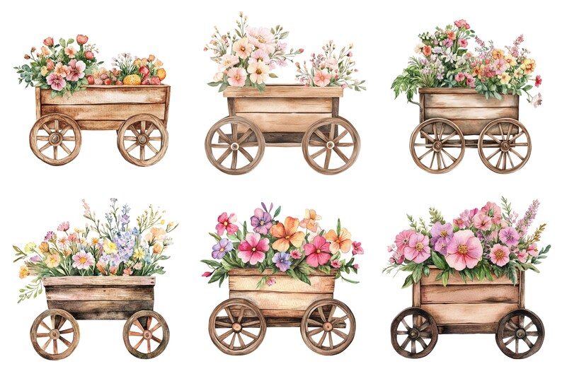 Watercolor Floral Wooden Cart Clipart, Png Bundle, Clip Art, Rustic ...