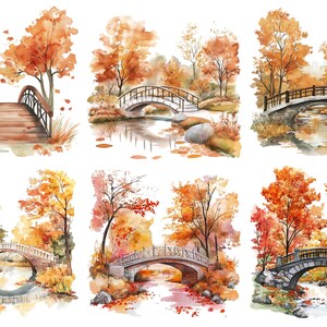 Watercolor Autumn Bridge Clipart, Png Bundle, Clip Art Illustration ...