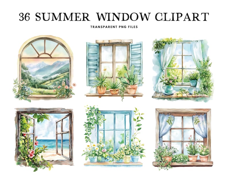 Watercolor Summer Window Clipart Bundle, Summer Window Png, Summer Clip ...