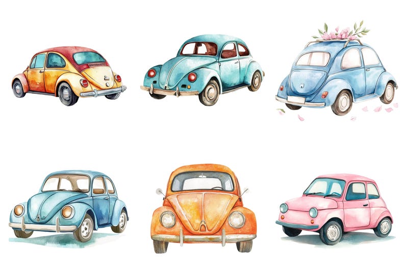 Watercolor Cute Car Clipart Bundle, Cartoon Car Png, Car Clip Art, Cute ...