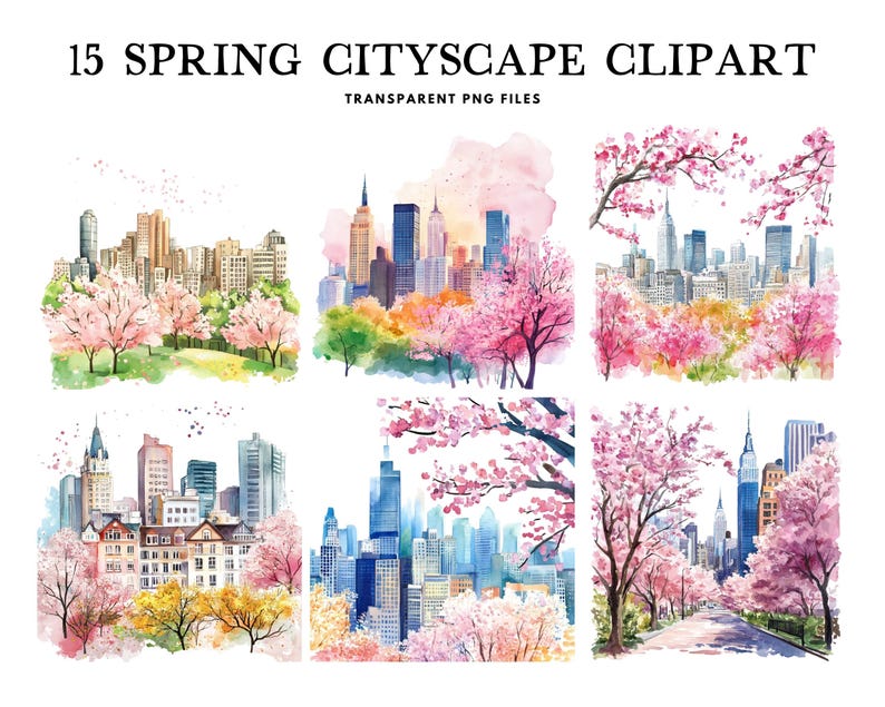 Watercolor Spring Cityscape Clipart, Png Bundle, Clip Art, City ...