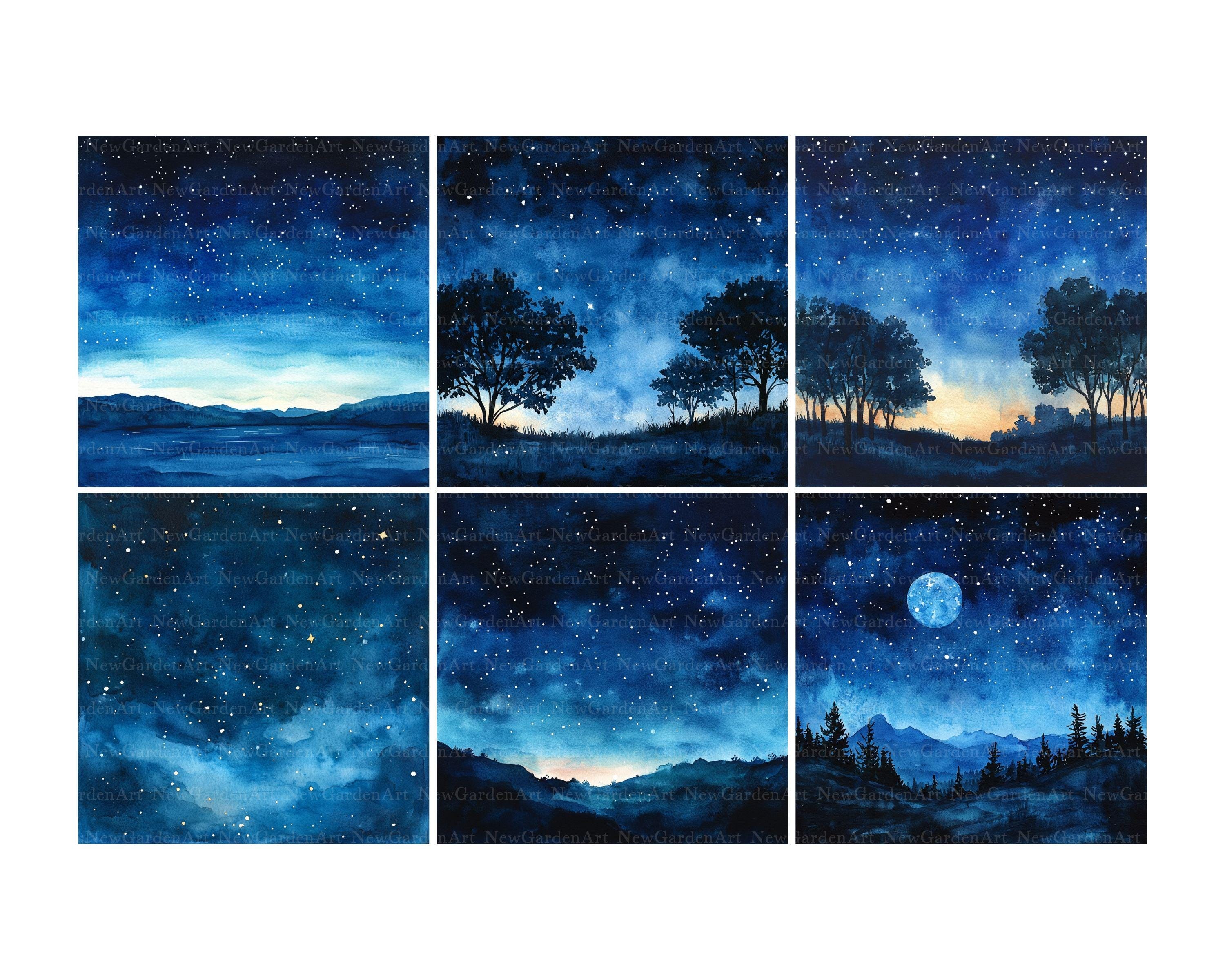Watercolor Night Sky Clipart Bundle, Night Sky Png, Moon Clip Art, Star ...