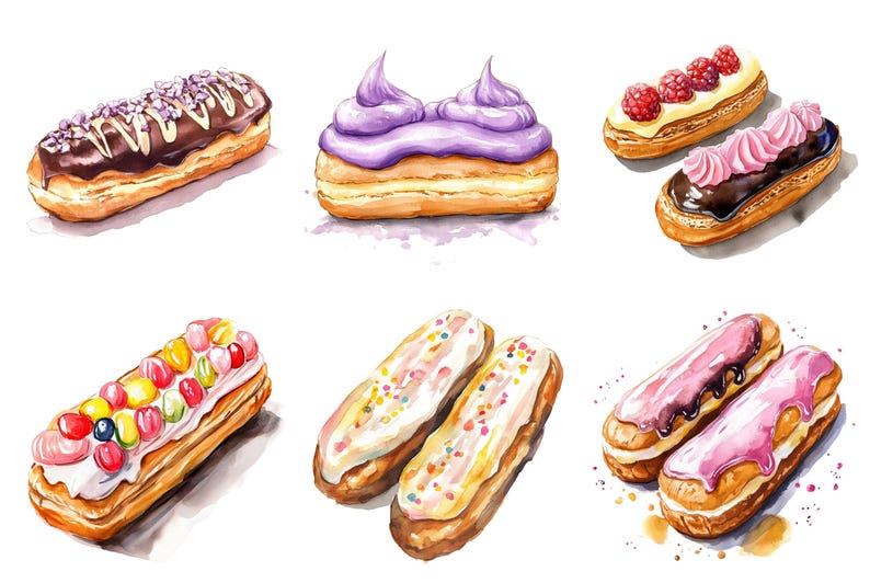 Watercolor Eclair Clipart Bundle, Eclair Png, Éclair Clip Art, French ...