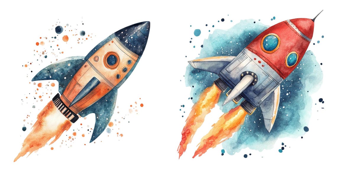 Watercolor Spaceship Clipart, Png Bundle, Rocket Ship Clip Art, Space ...