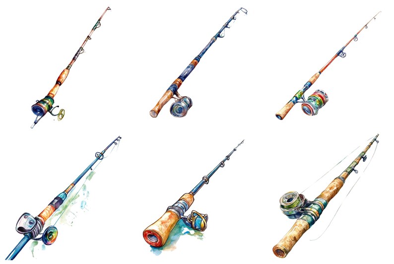 Watercolor Fishing Rod Clipart, Fishing Rod Png Bundle, Clip Art, Rod ...