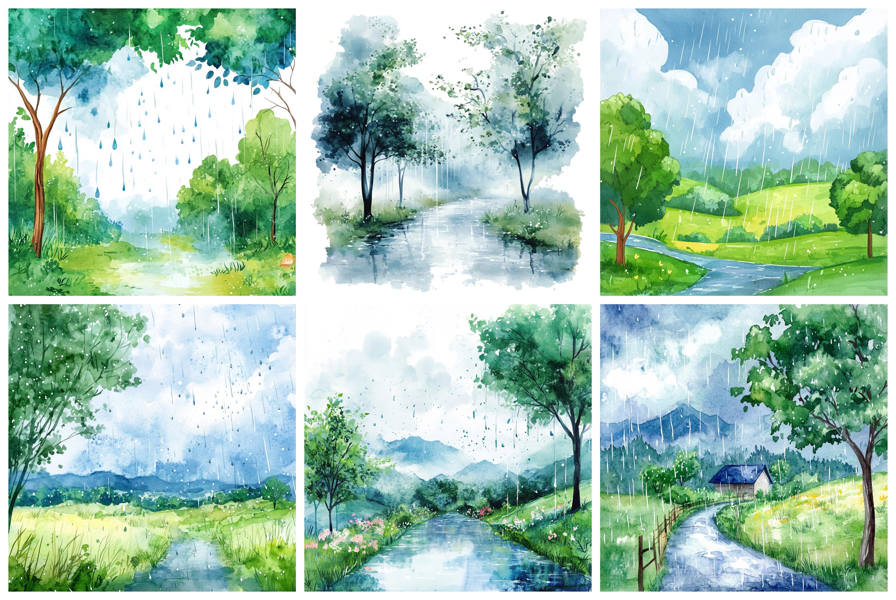 Watercolor Rain Clipart, Png Bundle, Landscape Clip Art, Cloud ...