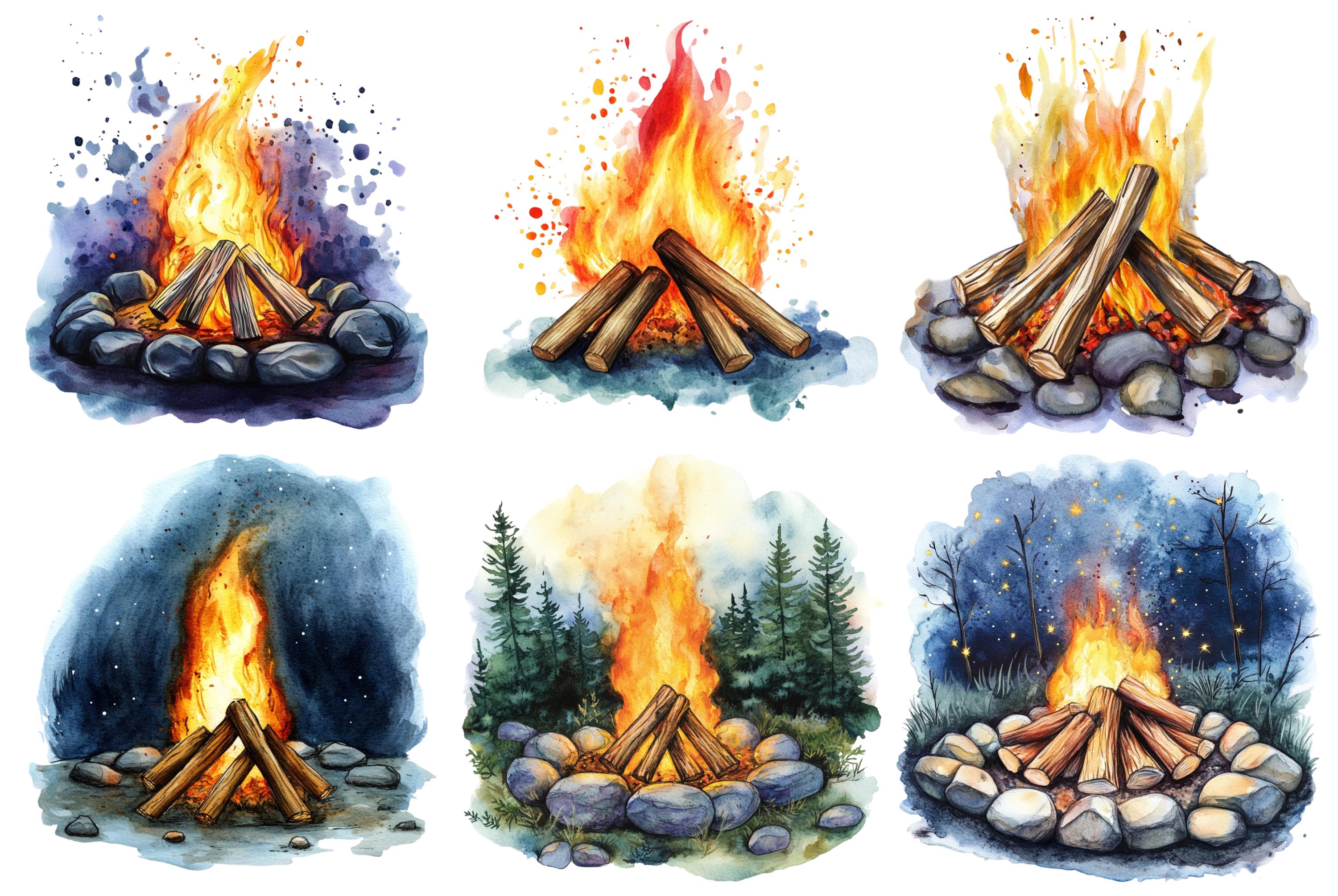 Watercolor Campfire Clipart, Campfire Png Bundle, Camping Clip Art ...