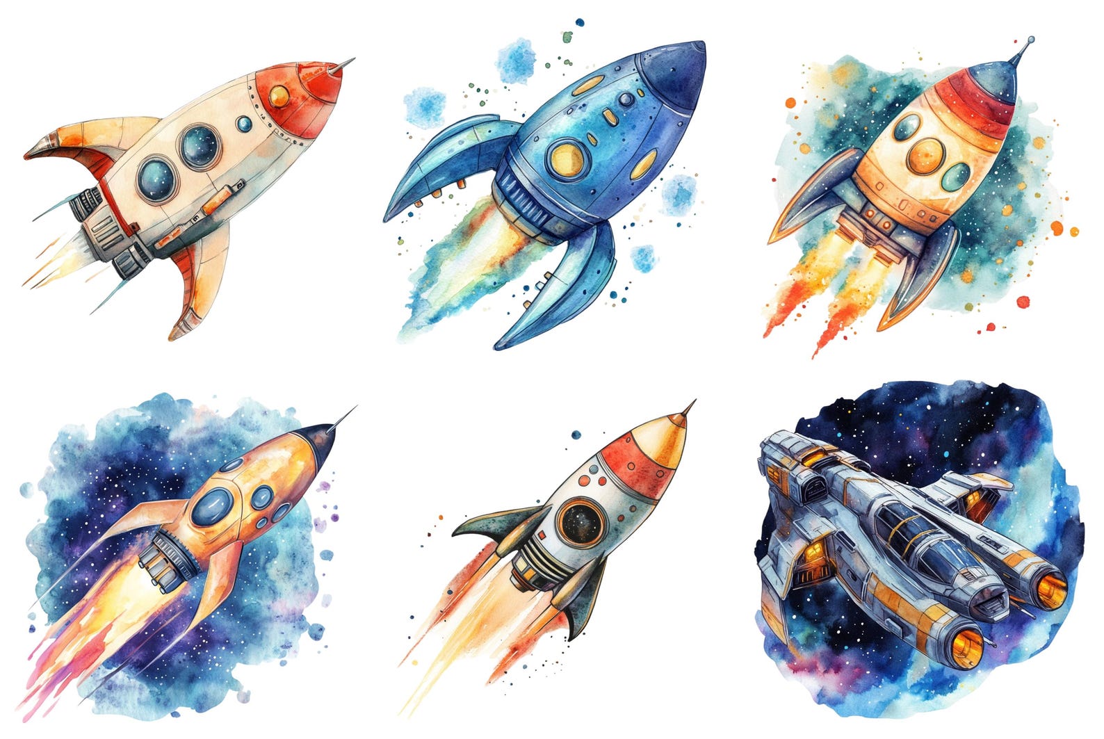 Watercolor Spaceship Clipart, Png Bundle, Rocket Ship Clip Art, Space ...
