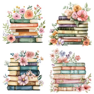 Watercolor Floral Bookstack Clipart, Flower Bookstack Png Bundle, Clip ...