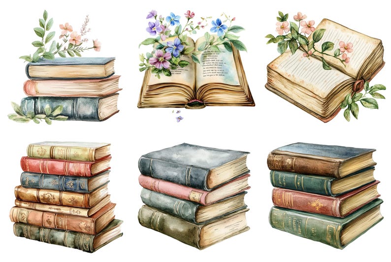 Watercolor Vintage Book Clipart, Png Bundle, Library Clip Art, Reading ...