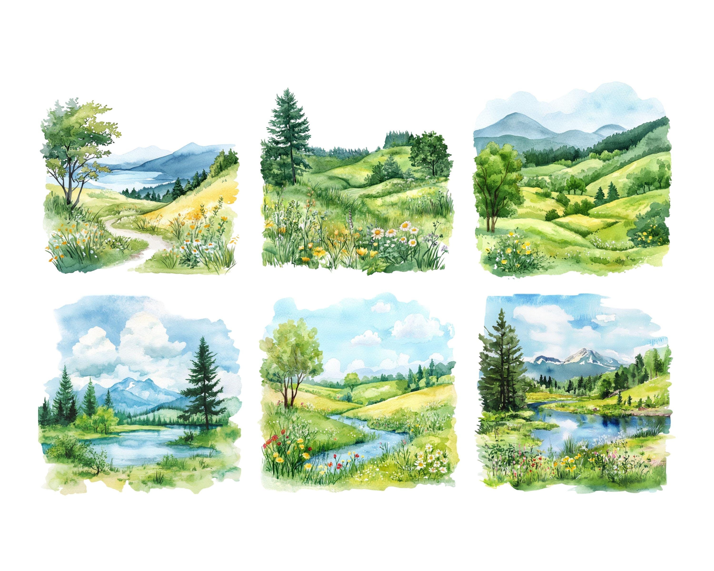 Watercolor Summer Landscape Clipart Bundle, Summer Landscape Png ...