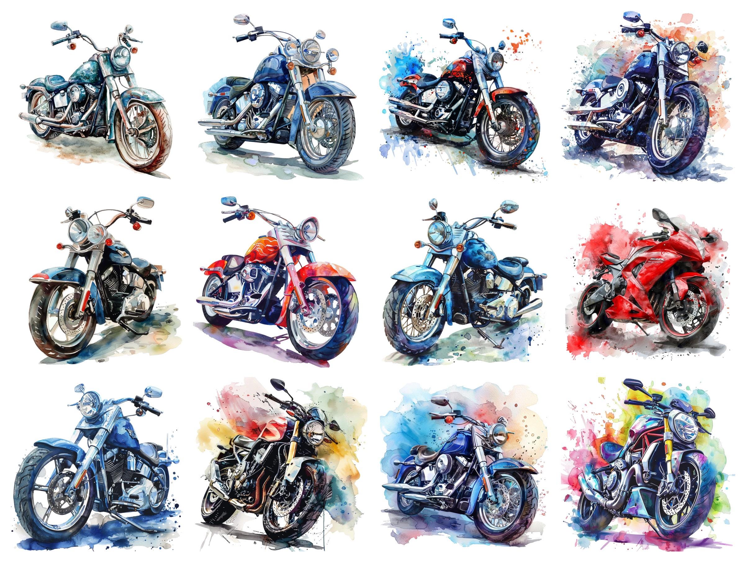 Watercolor Motorcycle Clipart Bundle, Motorcycle Png, Classic Motorbike ...
