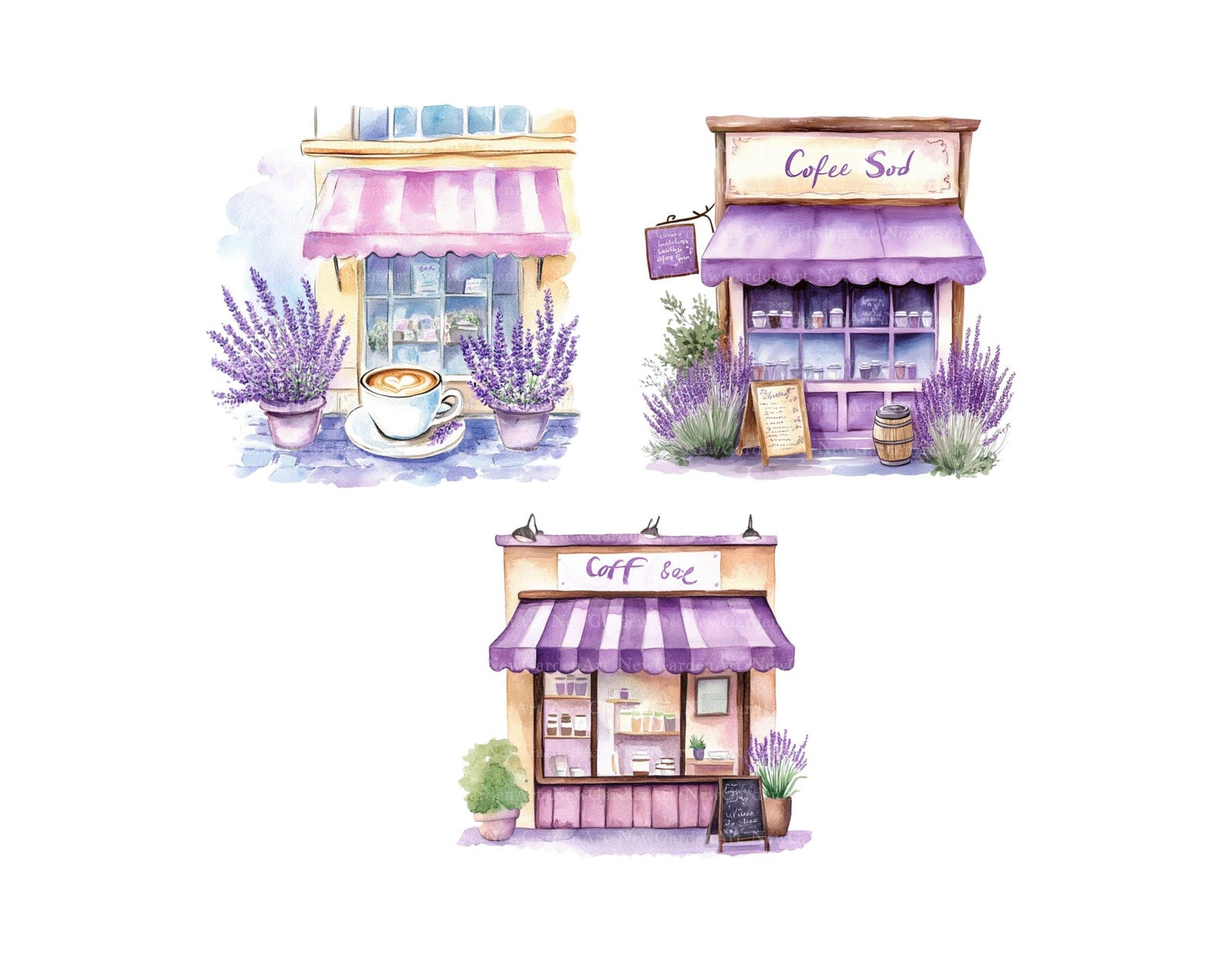 Watercolor Lavender Coffee Shop Clipart Bundle, Coffee Shop Png, Cafe ...