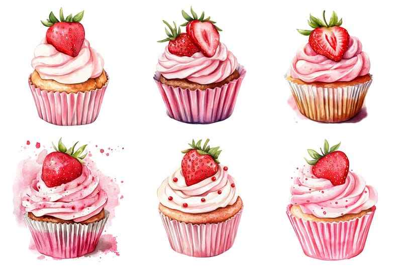 Watercolor Strawberry Cupcake Clipart, Png Bundle, Clip Art ...
