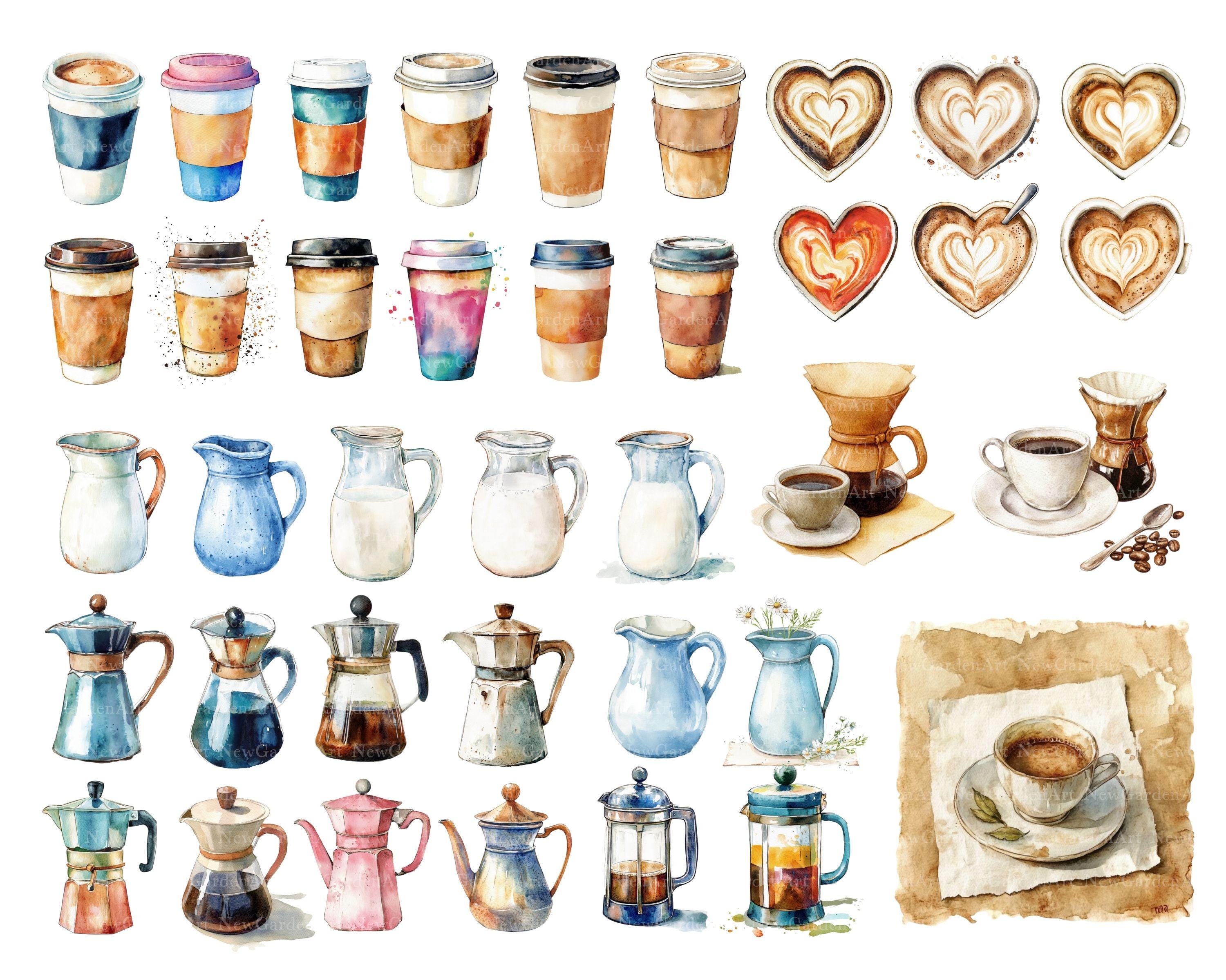 Watercolor Coffee Clipart Bundle, Coffee Png, Illustration, Latte Art ...
