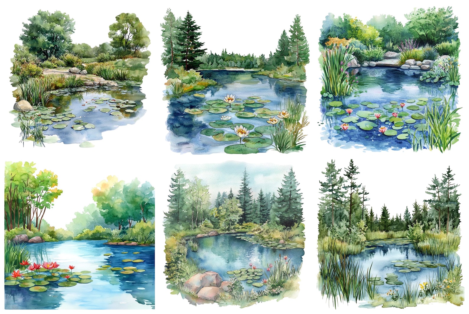 Watercolor Pond Clipart, Png Bundle, Garden Clip Art, Illustration ...