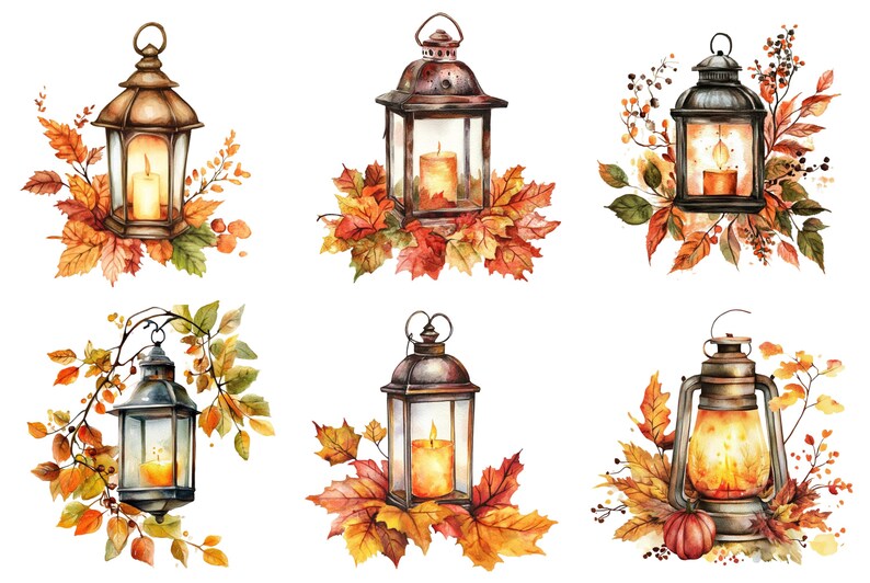 Watercolor Autumn Lantern Clipart, Png Bundle, Clip Art Illustration ...