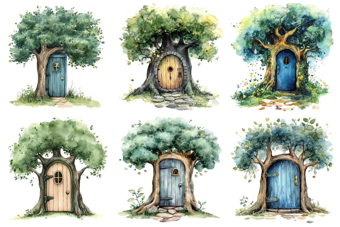 Watercolor Tree Door Clipart, Png Bundle, Clip Art Illustration, Garden ...