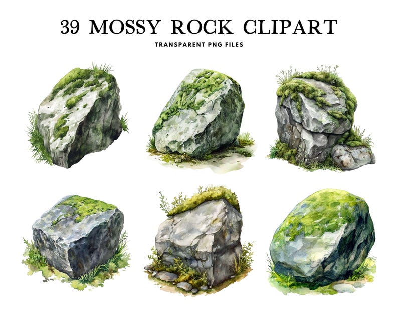 Watercolor Mossy Rock Clipart, Png Bundle, Stone Clip Art, Illustration ...