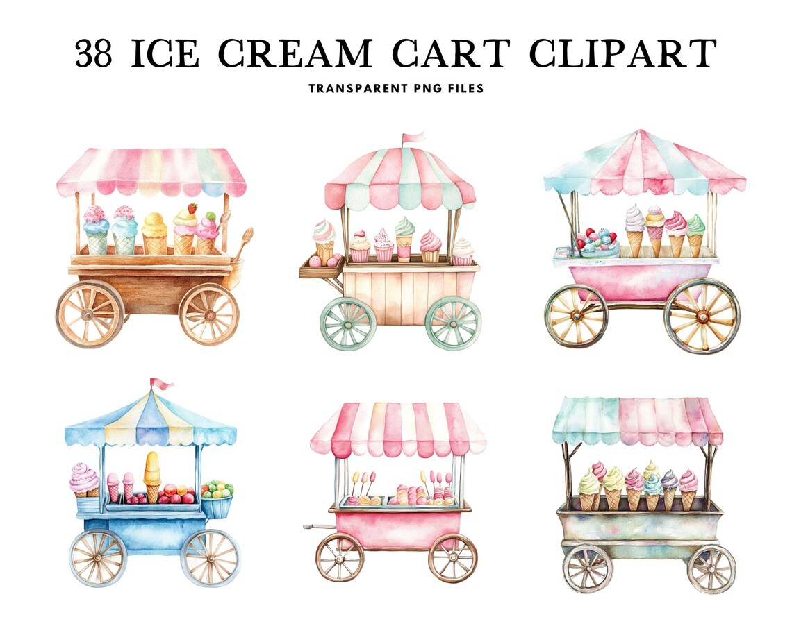 Watercolor Ice Cream Cart Clipart Bundle, Ice Cream Cart Png, Clip Art ...