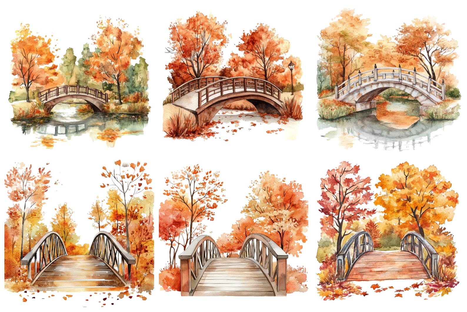 Watercolor Autumn Bridge Clipart, Png Bundle, Clip Art Illustration ...