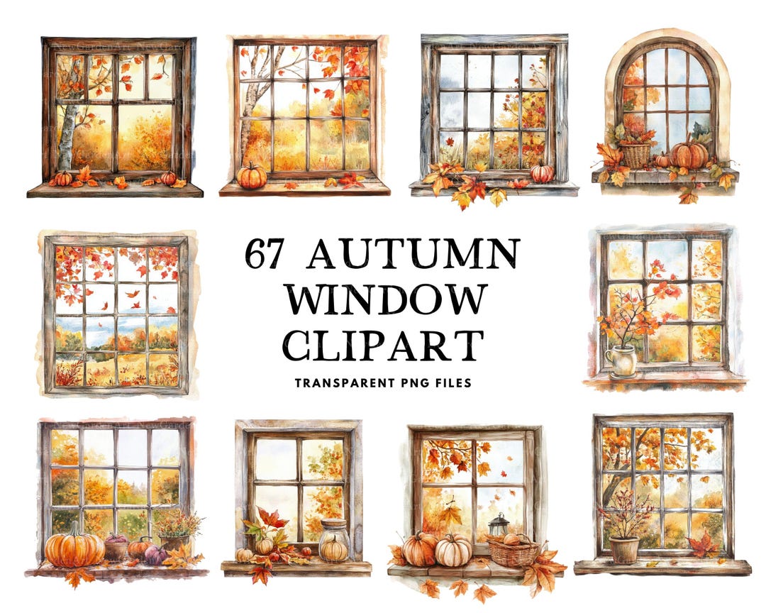 Watercolor Autumn Window Clipart Bundle, Fall Window Scene Png ...
