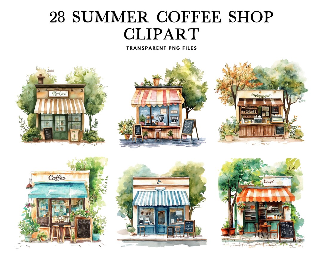 Watercolor Summer Coffee Shop Clipart, Png Bundle, Clip Art, Cafe ...