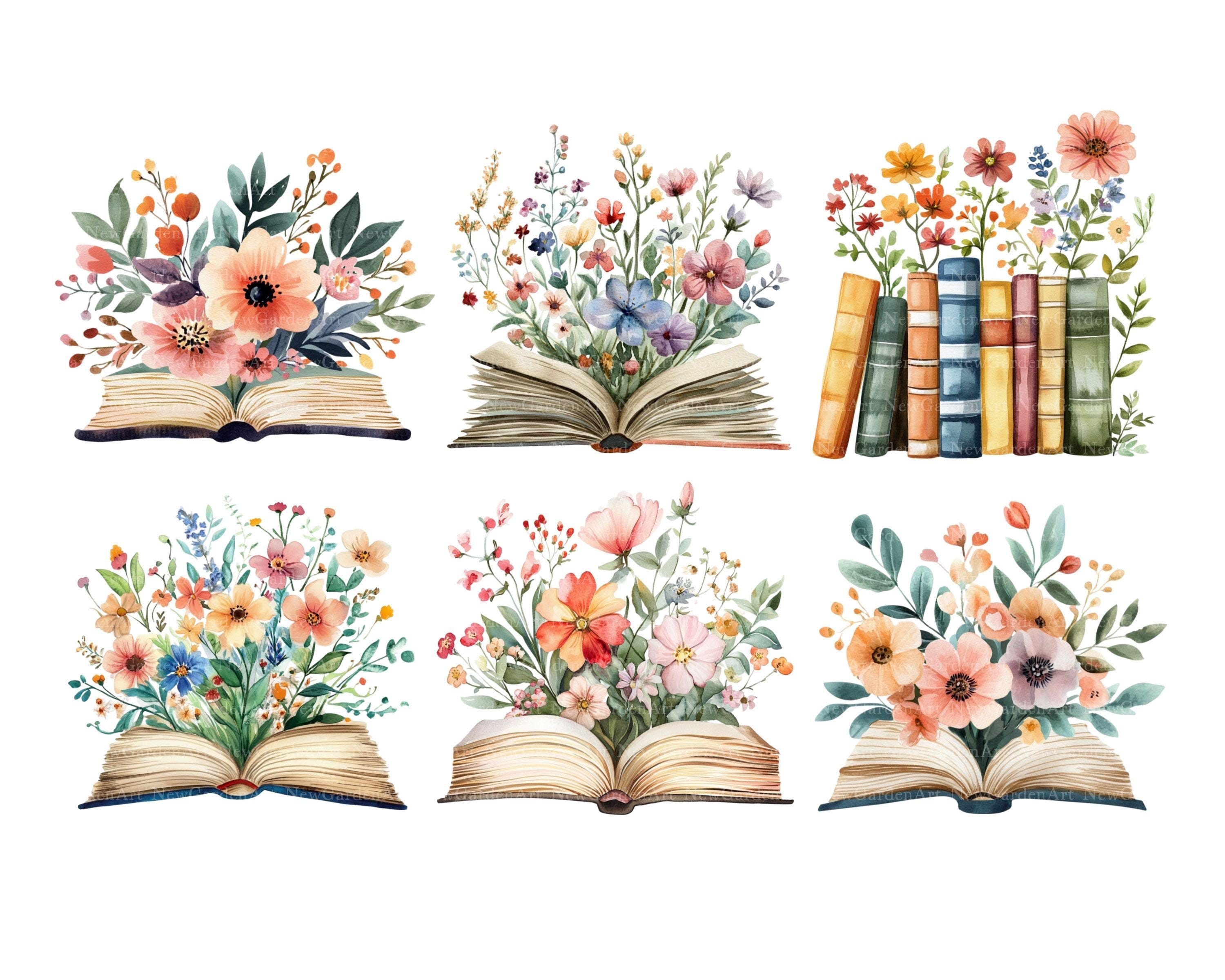 Watercolor Floral Book Clipart, Flower Book Png, Wildflower Book Lover ...
